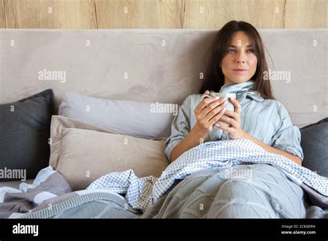 Good Morning Woman Woke Up In Bed Woman Drinking Coffee In Bed Stock