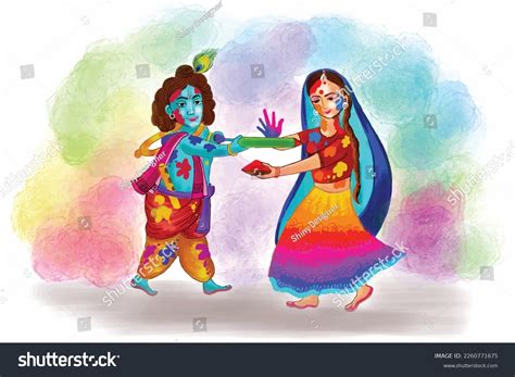 Holi Greetings Joyful Krishna Radha Playing เวกเตอร์สต็อก ปลอดค่า