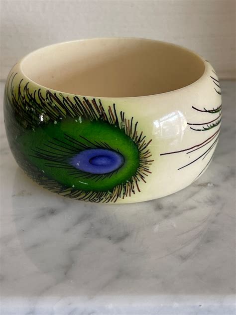 Vintage Peacock Feather Design Chunky Cuff Bangle Etsy
