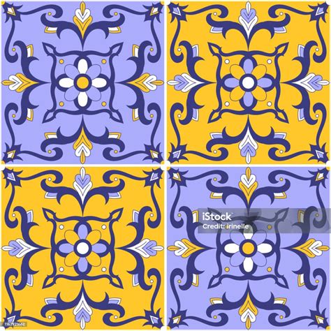 꽃 모티브와 원활한 스페인어 타일 패턴 벡터입니다 포르투갈어 Azulejo 멕시코 탈라베라 모로코 이탈리아 마졸리카 또는 아랍어 디자인 식탁보 배경 또는 세라믹 복고풍 타일