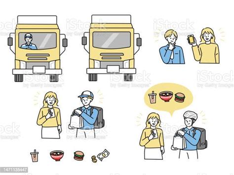 배달 서비스의 그림입니다 홈 익스프레스 우버 익스프레스 온라인 쇼핑 온라인 결제 트럭 및 무료 배송 Brand Name Mobile Payment에 대한 스톡 벡터 아트 및