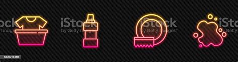 세트 라인 세탁 접시 셔츠가있는 분지 청소제 용 병 및 물 유출 빛나는 네온 아이콘 벡터 T 셔츠에 대한 스톡 벡터 아트 및
