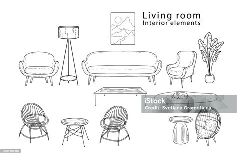 낙서 스타일로 그린 손 스칸디나비아 가구 인테리어 요소 보헤미안 스타일 거실을 위한 아늑한 가정 환경 벡터 일러스트 레이 션