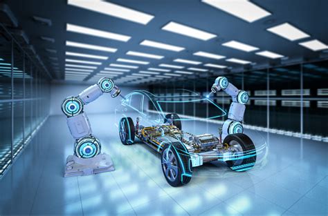 Jalur Perakitan Robot Dengan Modul Sel Baterai Mobil Listrik Di Platform Foto Stok Unduh