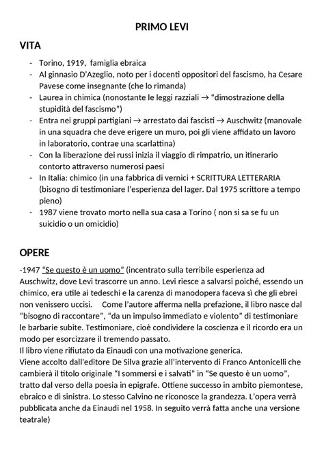 Riassunto Dettagliato Della Vita Di Primo Levi E Di La Tregua