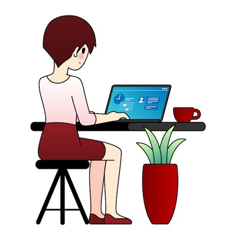 Femme Assise Et Travaillant Avec Un Ordinateur Portable Mignon Dessin