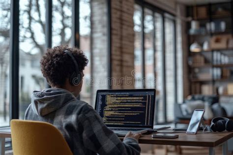 A Young Professional Software Developer Working On A Laptop In A Modern Office Space Stock