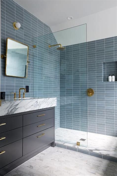 Shower With Stacked Blue Glass Tiles Transitional Bathroom Blue