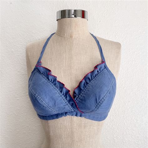 1960s Vintage Halter Ruffle Blue Bikini Top 1970s Siz Gem
