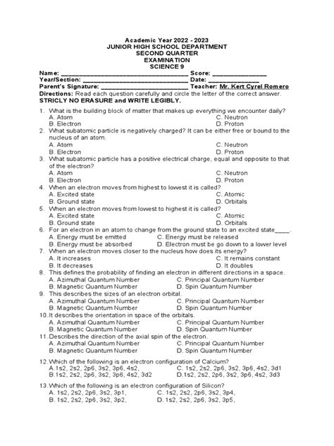 Science 9 Exam 2nd Quarter Questions Pdf Chemical Bond Electron