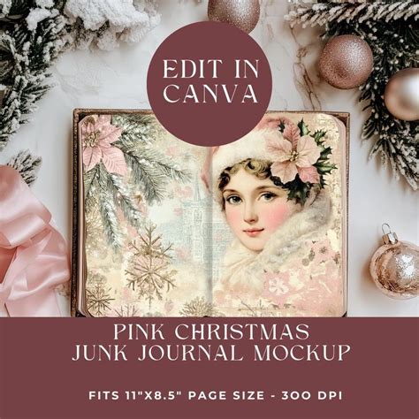 Pink Christmas Junk Journal Mockup Canva, Drag and Drop Mockup, Vintage ...