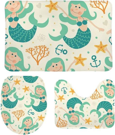 Skysonic Non Slip 3 Piece Bathroom Rug Set Mermaid Seastar Soft Contour