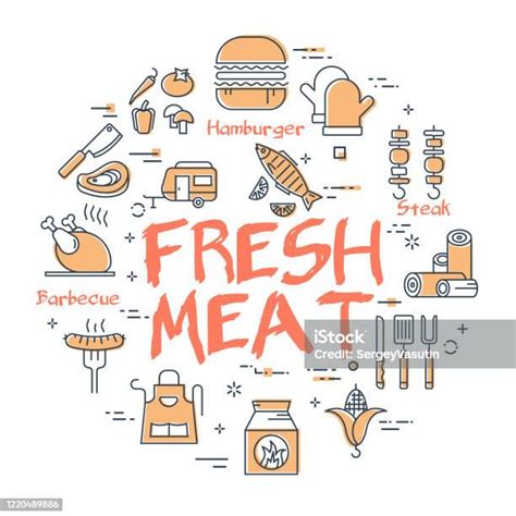 피크닉과 바베큐 파티를위한 벡터 라인 배너 신선한 고기 개념에 대한 스톡 벡터 아트 및 기타 이미지 개념 고기 닭고기