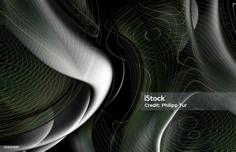 곡선 물결 모양의 우아함 나선형 생물학적 유기 라인의 초현실적 인 외계인 물질의 일부와 추상 미술 3d 배경의 3d 렌더링 표면에 얇은 녹색 둥근 평행 줄무늬와 매트 투명