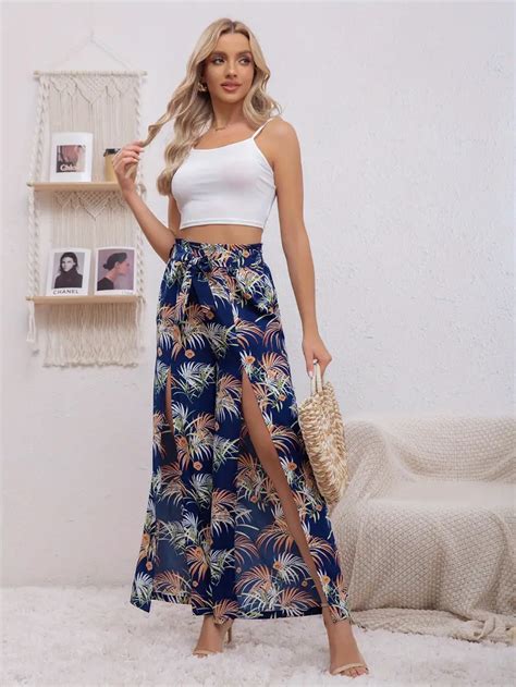 Boho Tropical Print Two Piece Set Crop Cami Top And Split Pants Womens