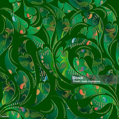 그린 플로럴 페이즐리 이음새 가식무늬 민족 스타일의 동양 페이즐리 꽃 고사리 잎 가지 장식 용 녹색 배경입니다 손으로 그린 빈티지 장식 화려한 장식 디자인 표면 텍스처