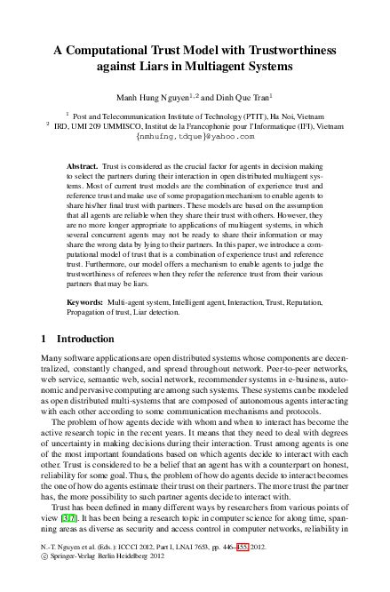 Pdf A Computational Trust Model With Trustworthiness Against Liars In Multiagent Systems