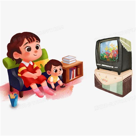 手绘可爱小女孩看电视免抠元素PNG图片素材下载 可爱PNG 熊猫办公