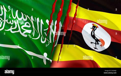 Saudi Arabia And Uganda Flags With Scar Concept Waving Flag 3d Rendering Uganda And Saudi