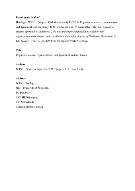 Pdf Cognitive Science Representations And Dynamical Systems Theory