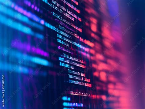 Abstract representation of software development with blurred computer code and screens ...