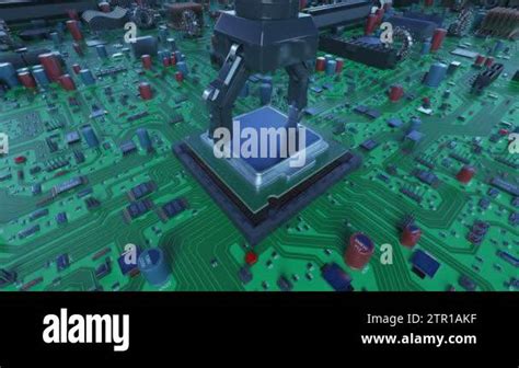 Robotic Arm Installing Processor Into The Circuit Board With Blue