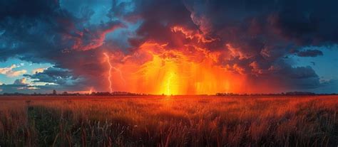 Lightning Storm At Sunset Over A Field Of Grass Premium Ai Generated Image