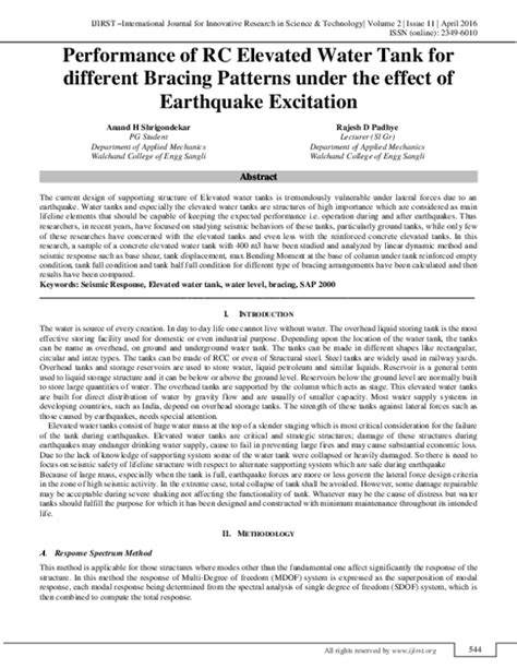Pdf Performance Of Rc Elevated Water Tank For Different Bracing Patterns Under The Effect Of
