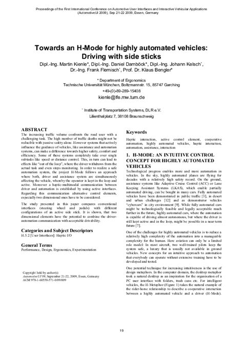 Pdf Towards An H Mode For Highly Automated Vehicles Driving With Side Sticks