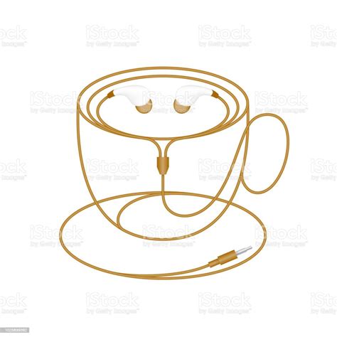 귀에 이어폰 입력 갈색 색상과 흰색 배경 복사 공간에 고립 된 케이블에서 만든 커피 컵 모양 음악에 대한 스톡 벡터 아트 및 기타 이미지 Istock