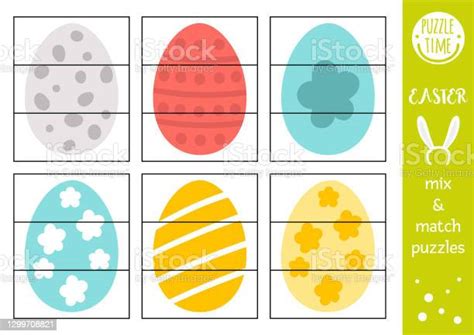 벡터 부활절 믹스와 전통적인 휴일 기호와 일치 퍼즐 봄은 유치원 아이들을위한 일치하는 활동을 잘라 컬러 장식 계란을 가진