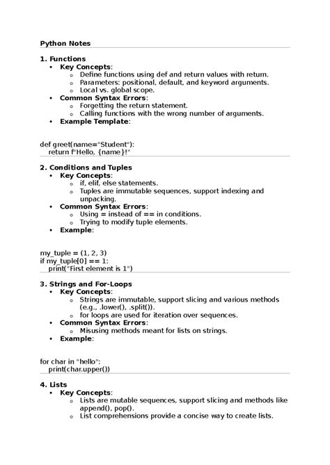 Python Summary Notes Python Notes 1 Functions Key Concepts O Define Functions Using Def And