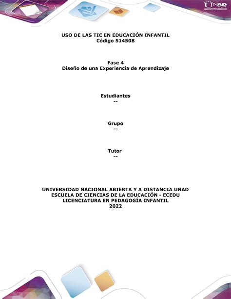 Plantilla De Trabajo Unidad 3 Fase 4 Diseño De Una Experiencia De