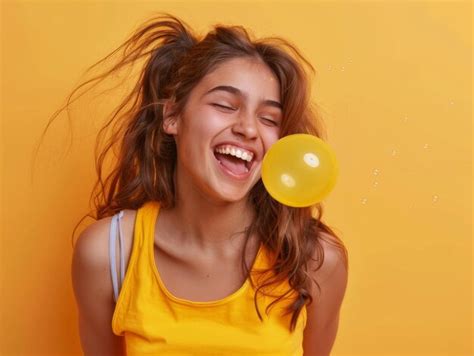 Premium Photo Beautiful Girl Blows A Big Yellow Bubble From Chewing Gum Detailed Face With