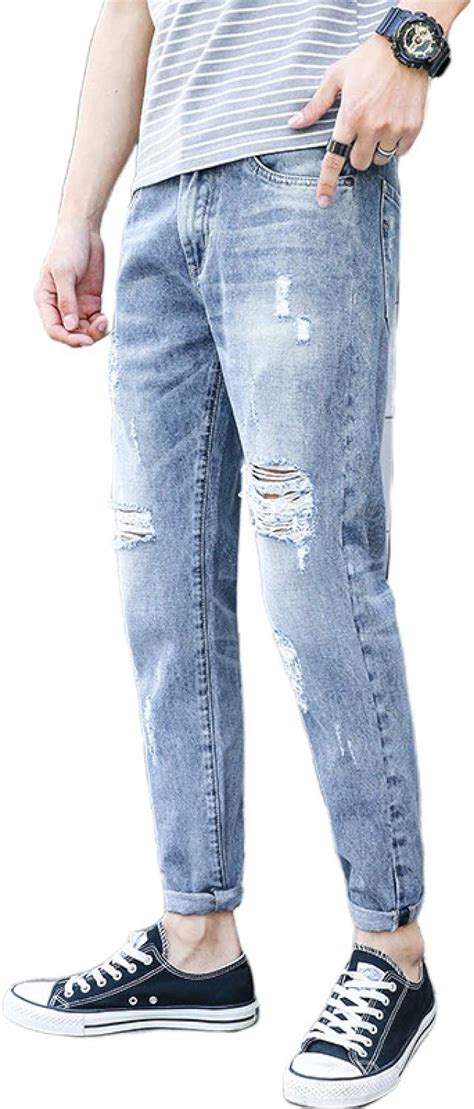 Jeans Ajustados elásticos para Hombre Agujeros Rasgados Borde Rasgado