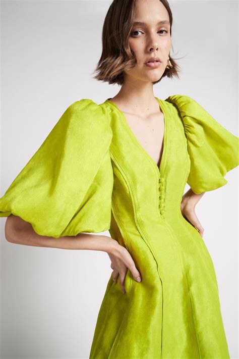 Dusk Puff Sleeve Midi Dress 12 Chartreuse Green Puff Sleeve Midi