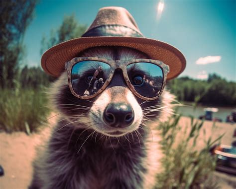 Premium AI Image There Is A Raccoon Wearing A Hat And Sunglasses On