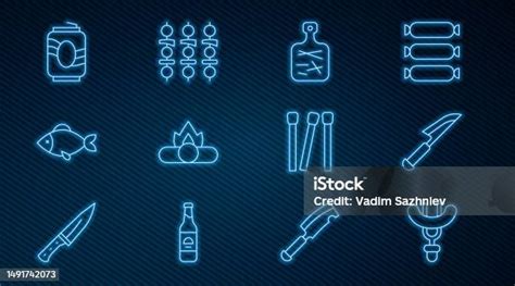 포크 나이프 도마 모닥불 생선 소다 캔 성냥 및 구운 시시 케밥 아이콘에 라인 소시지를 설정합니다 벡터 강철에 대한 스톡 벡터 아트 및 기타 이미지 Istock