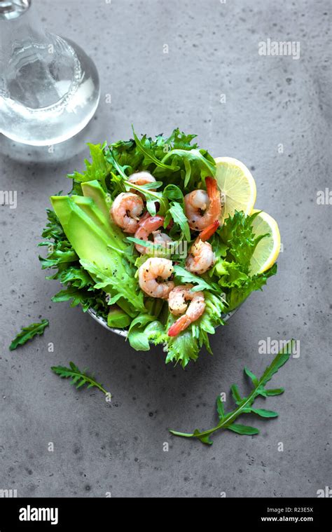 Avocado Shrimp Salad On Grey Stone Background Copy Space Healthy Diet