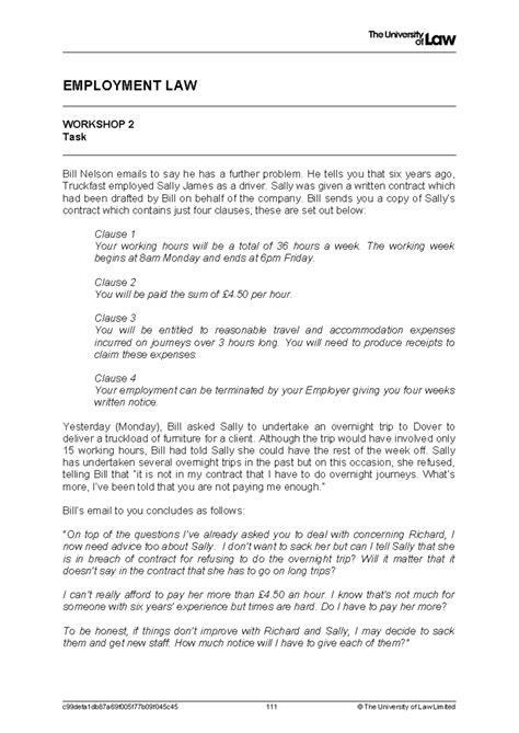 Employment Level Ws Ce Task T EMPLOYMENT LAW WORKSHOP Task Bill Nelson Emails To
