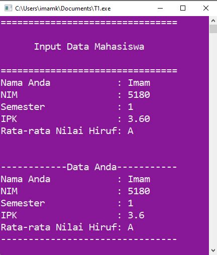 tugas 1 membuat program c yang menyertakan integer float char dan