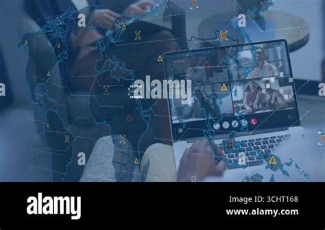 Colleague Typing On Laptop Initiating Translucent Map Overlay With Data Nodes During Business
