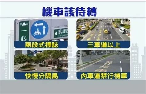 機車如何判斷必須兩段式左轉 其實可先確認路口到底有沒有兩段式左轉號誌，或是三車道以上、快慢分隔島和內車道有「禁行機車」字樣，騎士都得進行待轉