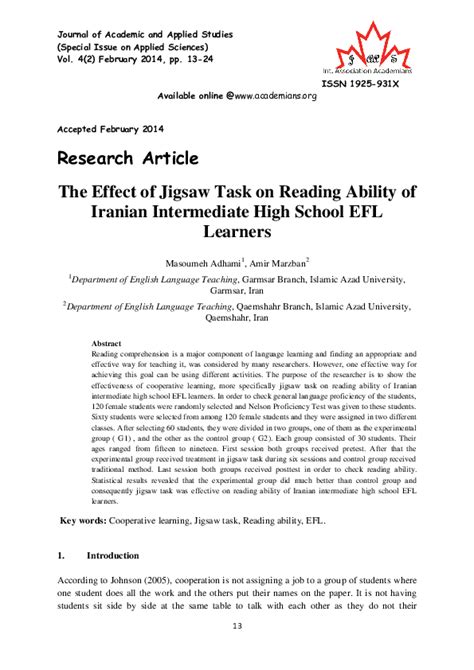Pdf The Effect Of Jigsaw Task On Reading Ability Of Iranian Intermediate High School Efl Learners