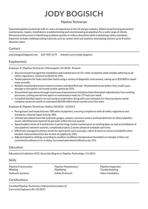 Pipeline Technician Resume Cv Example And Writing Guide