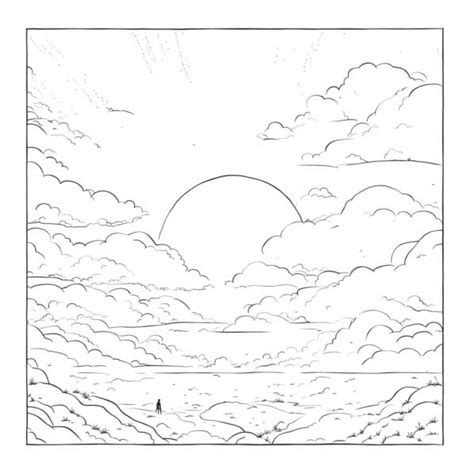 Descarga Dibujo de paisaje en blanco y negro con nubes Páginas para