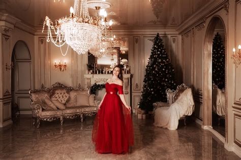 Premium Photo Christmas Party Scene Woman In Gorgeous Red Dress