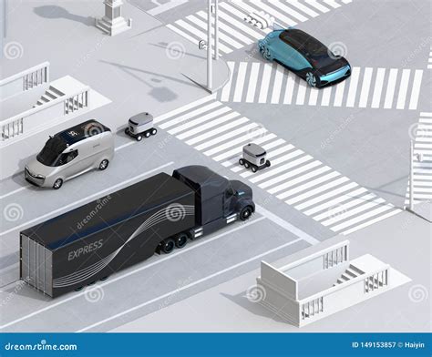 Isometric View Of Self Driving Delivery Robot Crossing The Road With A Pedestrian Crossing Stock