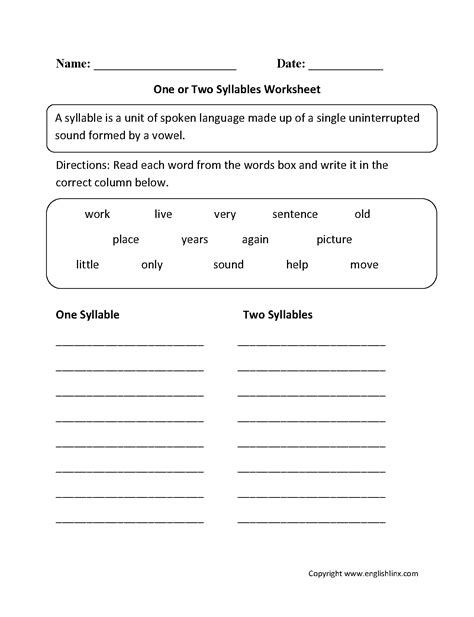 Syllables Worksheets One Or Two Syllables