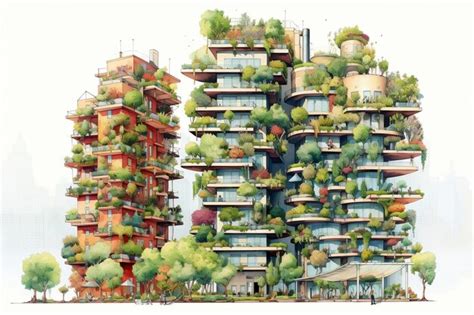 Edifícios modernos adornados jardins verticais e fazendas urbanas